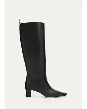 Manolo Blahnik 50mm Leather Knee-high Low-heel Boots Black