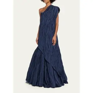 MARMAR HALIM One-shoulder Drape Pleated Satin Trumpet Gown