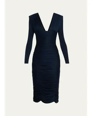 Versace Gathered Long-sleeve Midi Dress