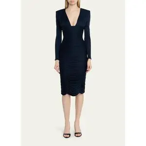 Versace Gathered Long-sleeve Midi Dress