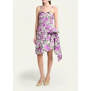 Chloé Sleeveless Ruched Floral Cotton Bow Dress
