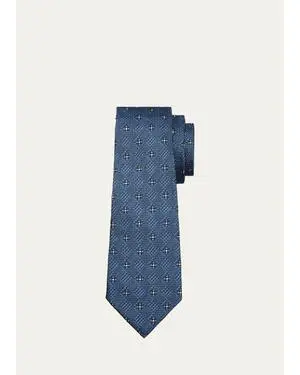 Zegna Geometric Glen Plaid Silk Tie - Md Blu Fan