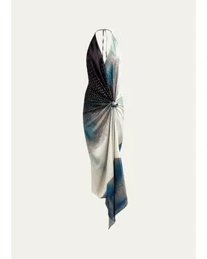Silvia Tcherassi Abril Plunging Halter Knotted Silk Midi Dress - Navy