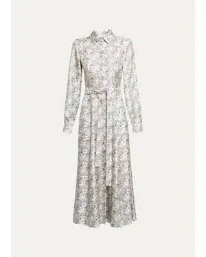 Gabriela Hearst Galway Pleated Silk Belted Midi Shirtdress - Ivory Multi