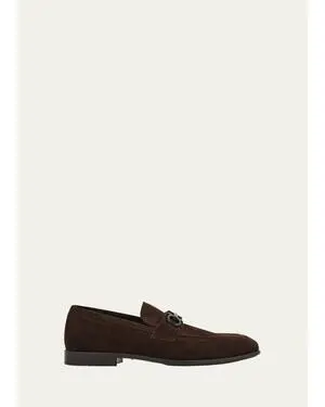 FERRAGAMO Foster Textured Suede Gancini Bit Loafers - Bark
