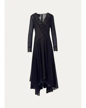 Akris Lace V-neck Silk Georgette Asymmetric Midi Dress - Black