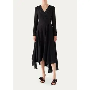 Akris Lace V-neck Silk Georgette Asymmetric Midi Dress