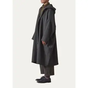 Eskandar Wool Cashmere Wide Hooded Buttoned Coat 3/4 Length