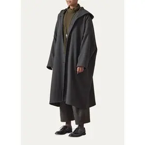 Eskandar Wool Cashmere Wide Hooded Buttoned Coat 3/4 Length