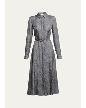 Gabriela Hearst Jane Herringbone Print Silk Belted Midi Shirtdress - Charcoal Multi
