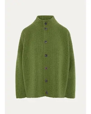 Eskandar 3/4 Width High Neck Cardigan- Mid Length - Limedark