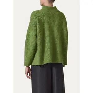 Eskandar 3/4 Width High Neck Cardigan- Mid Length - Limedark