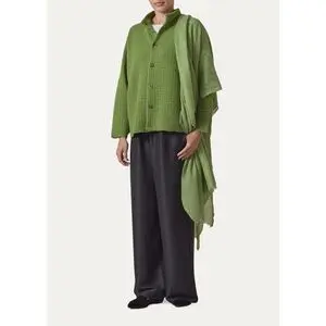 Eskandar 3/4 Width High Neck Cardigan- Mid Length - Limedark