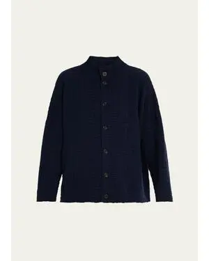Eskandar 3/4 Width High Neck Cardigan- Mid Length - Navy