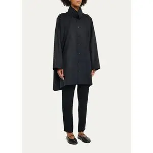 Eskandar Smaller Front Larger Back High Neck Raincoat With Button Away Hood Long Plus Length - Black
