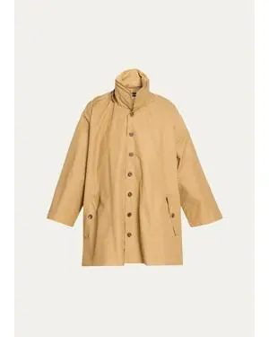 Eskandar Smaller Front Larger Back High Neck Raincoat With Button Away Hood Long Plus Length - Camel