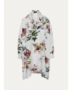 Eskandar Wide A-line Shirt With Collar Long Plus Length - White Multi