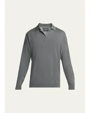 Giorgio Armani Silk And Cotton Johnny Collar Polo Sweater - Silver