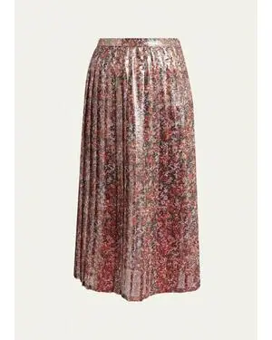 Valentino Garavani Metallic Silk Floral Pleated Midi-skirt