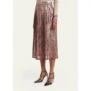 Valentino Garavani Metallic Silk Floral Pleated Midi-skirt