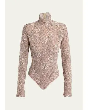Valentino Garavani Mock-neck Lace Jersey Long-sleeve Bodysuit