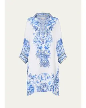 Camilla Wide Body Collared Kaftan Coverup - Ceramic Panoramic