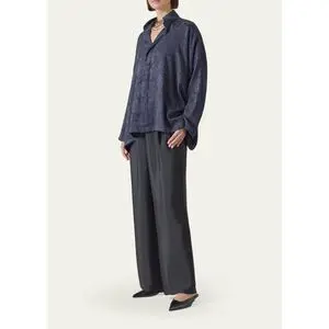 Eskandar Wide A-line Double Stand Collar Shirt Mid Plus Length - Navy