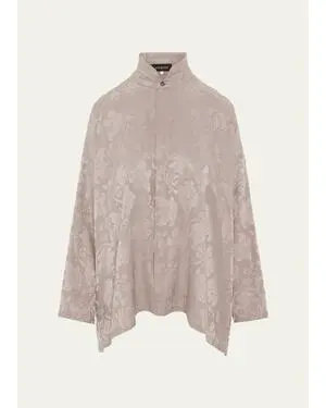 Eskandar Wide A-line Double Stand Collar Shirt Mid Plus Length - Stone