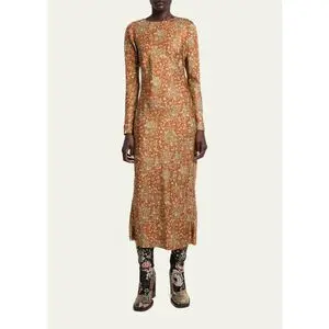 Dries Van Noten Floral Satin Long-sleeve Midi Dress
