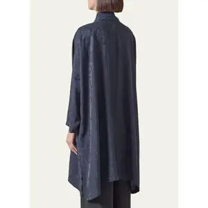 Eskandar Wide A-line Double Stand Collar Shirt Very Long Length With Slits - Navy