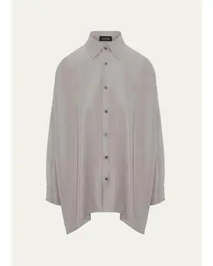 Eskandar Lightweight Silk Plisse Wide A-line Shirt With Collar Mid Plus Length - Stone
