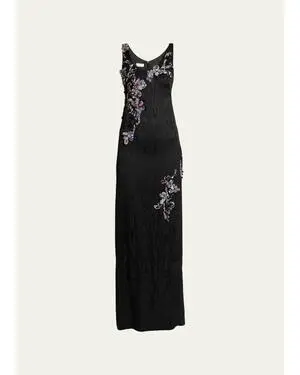 Dries Van Noten Sleeveless Embroidered Faille Column Gown - Black