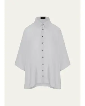 Eskandar Sloped Shoulder Wide A-line Short Sleeve Shirt With Collar Mid Length - Silver