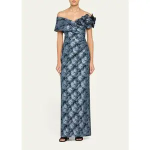 Rickie Freeman For Teri Jon 3d Floral Metallic Jacquard Column Gown