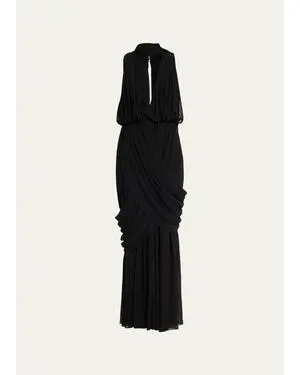ET OCHS Arabella Plunging Draped Column Gown - Black