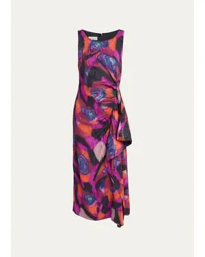Dries Van Noten Dropps Sleeveless Ruched Ruffle Midi Dress - Fuchsia