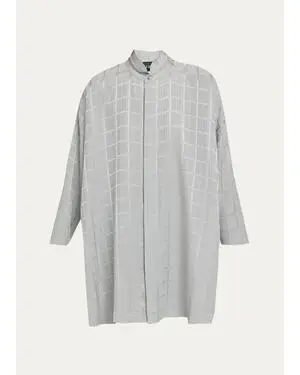 Eskandar Wide Longer Back Double Stand Collar Shirt Very Long With Slits - Silver