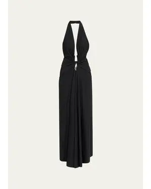 Christopher Esber Crystal Pendant Plunging Halter Maxi Dress - Black