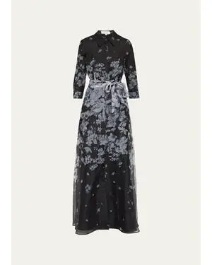 Rickie Freeman For Teri Jon Floral Organza Tie-waist Shirt Gown - Black/silver