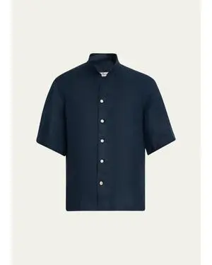 Kiton Cotton Nehru-collar Short-sleeve Shirt - Navy