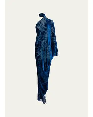 Silvia Tcherassi Anya Mock-neck Asymmetric Velvet Burnout Maxi Dress