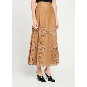Ulla Johnson Izra Crochet & Leather Midi Skirt - Camel