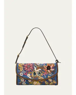 Valentino Garavani Devain Small Embroidered Denim Shoulder Bag