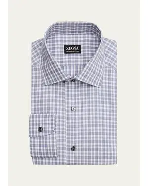 Zegna Centoquaranta Twill Cotton Plaid Dress Shirt - Blue