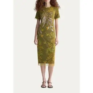 Diane Von Furstenberg Olive Embroidered Floral Midi Dress