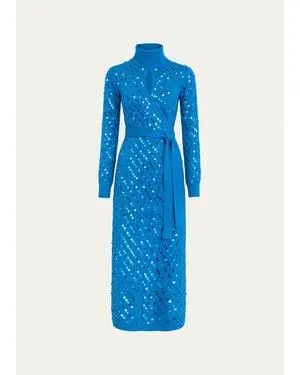 Diane Von Furstenberg Fiona Paillette Pointelle Knit Maxi Wrap Dress - Water