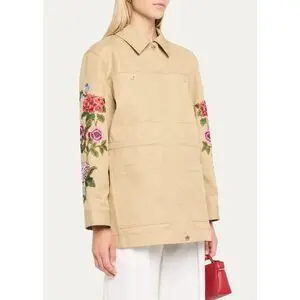 Carolina Herrera Floral Embroidered Cotton Twill Zip Utility Jacket