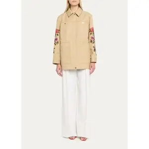 Carolina Herrera Floral Embroidered Cotton Twill Zip Utility Jacket