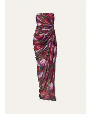 Carolina Herrera Strapless Floral Silk Chiffon Draped Slit Gown - Cranberry Multi