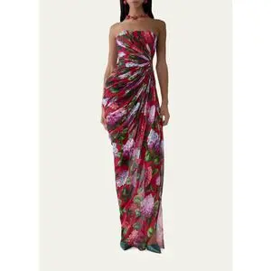 Carolina Herrera Strapless Floral Silk Chiffon Draped Slit Gown - Cranberry Multi